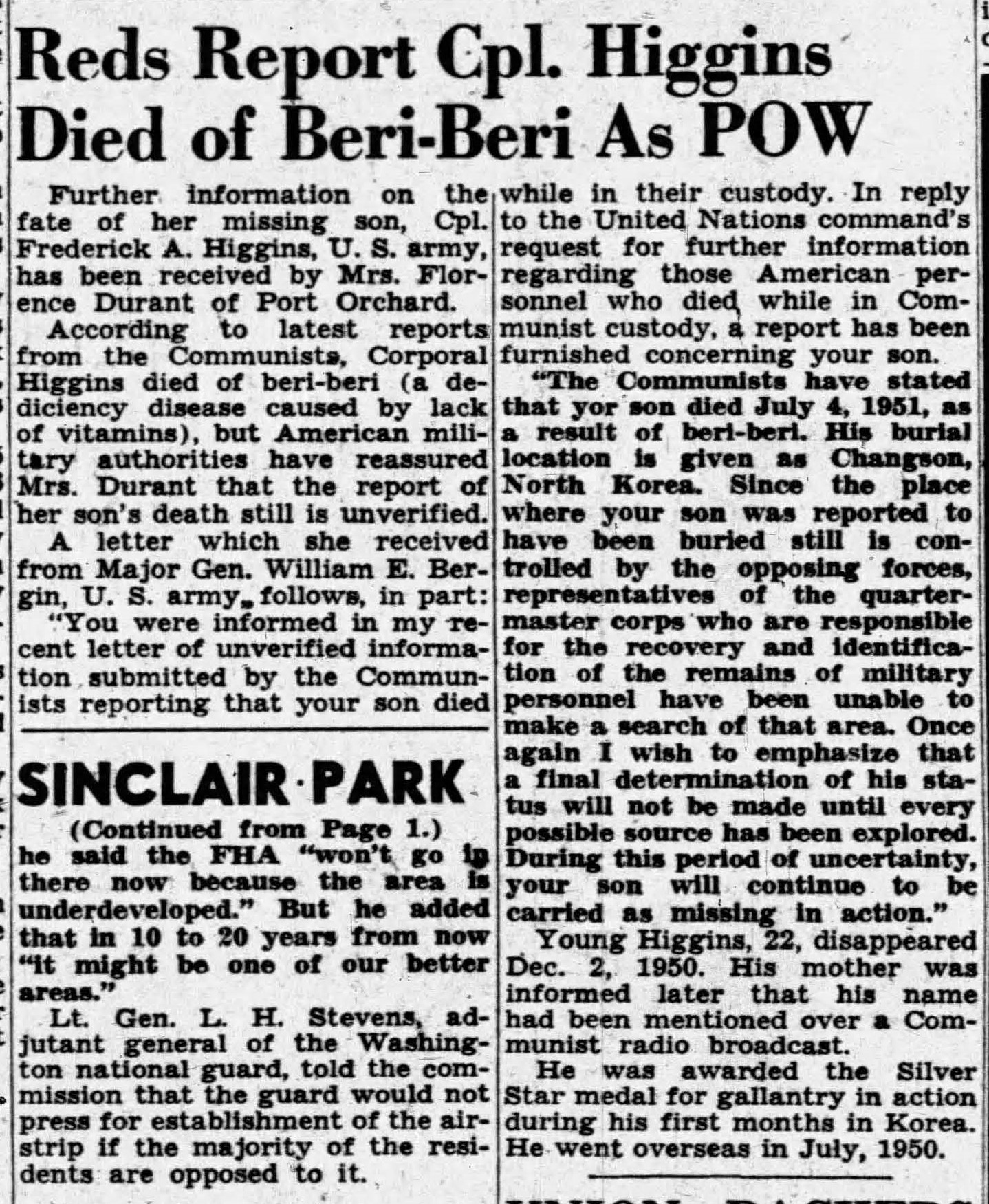 Soldier Accounted for from Korean War (Higgins, F.) > Defense POW/MIA ...
