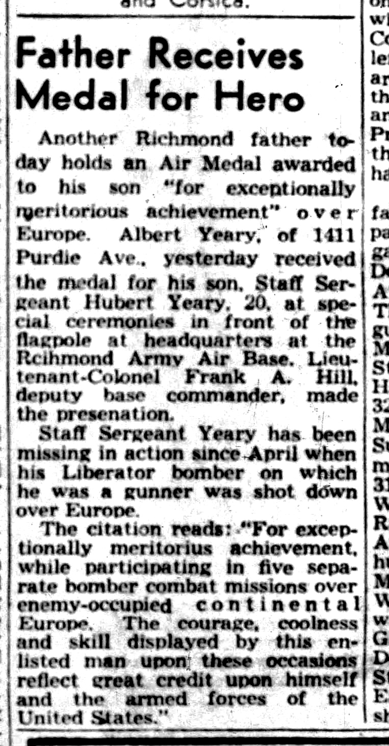 Airman Accounted For From World War II (Yeary, H.) > Defense POW/MIA ...