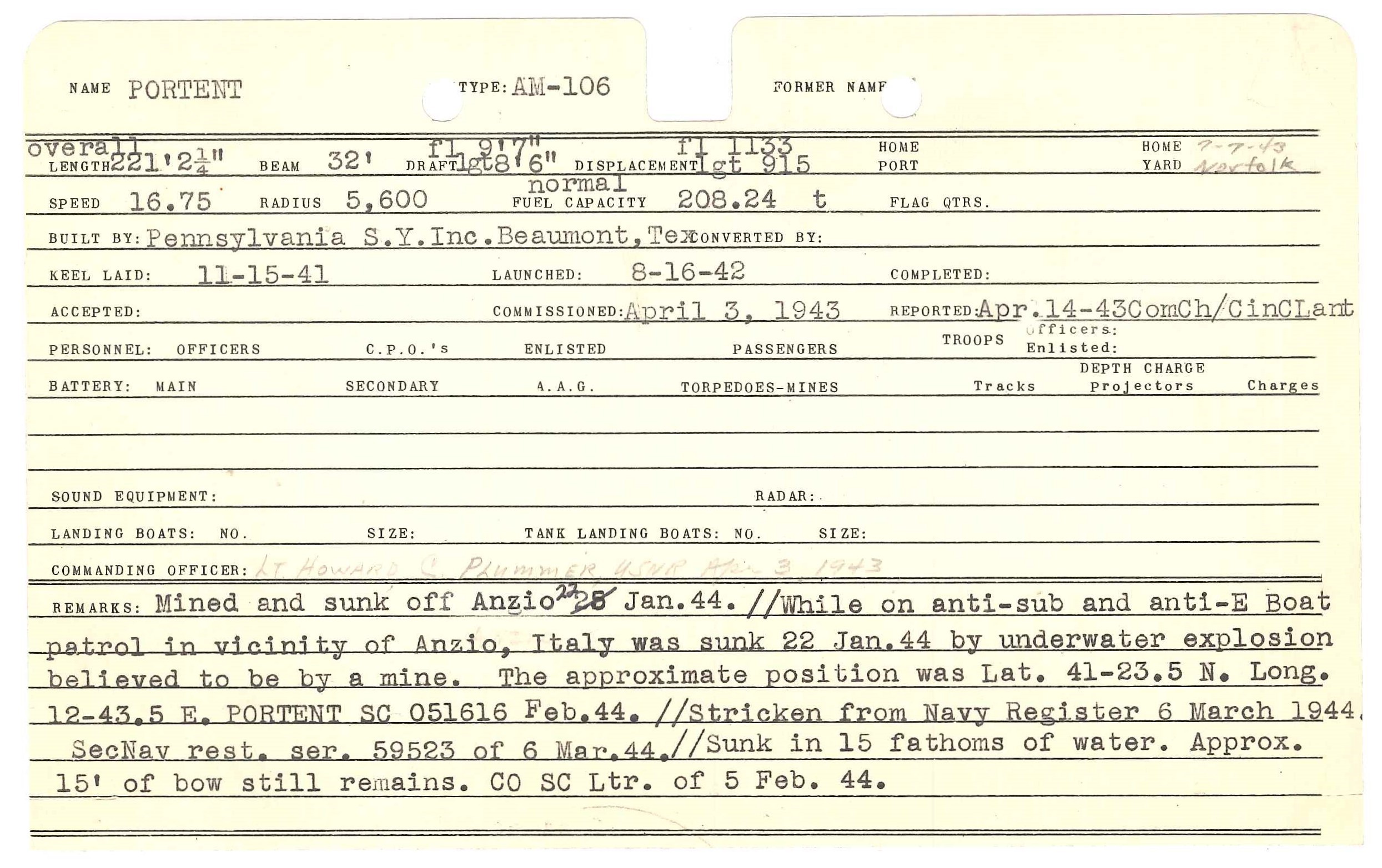 “All . . . Behaved Courageously and Cooly”: The Loss of USS Portent (AM ...