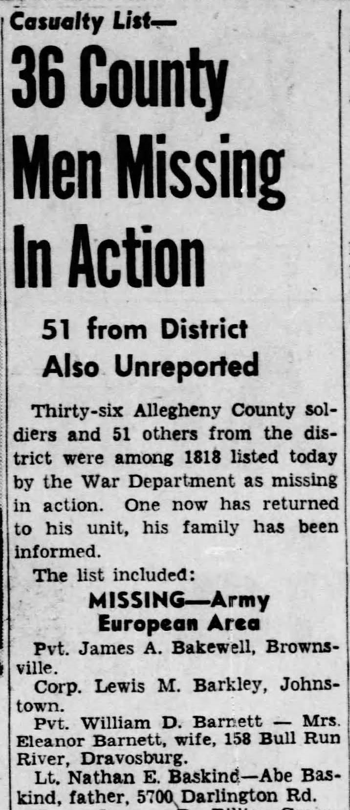 Tanker Accounted for from WWII (Baskind, N.) > Defense POW/MIA ...