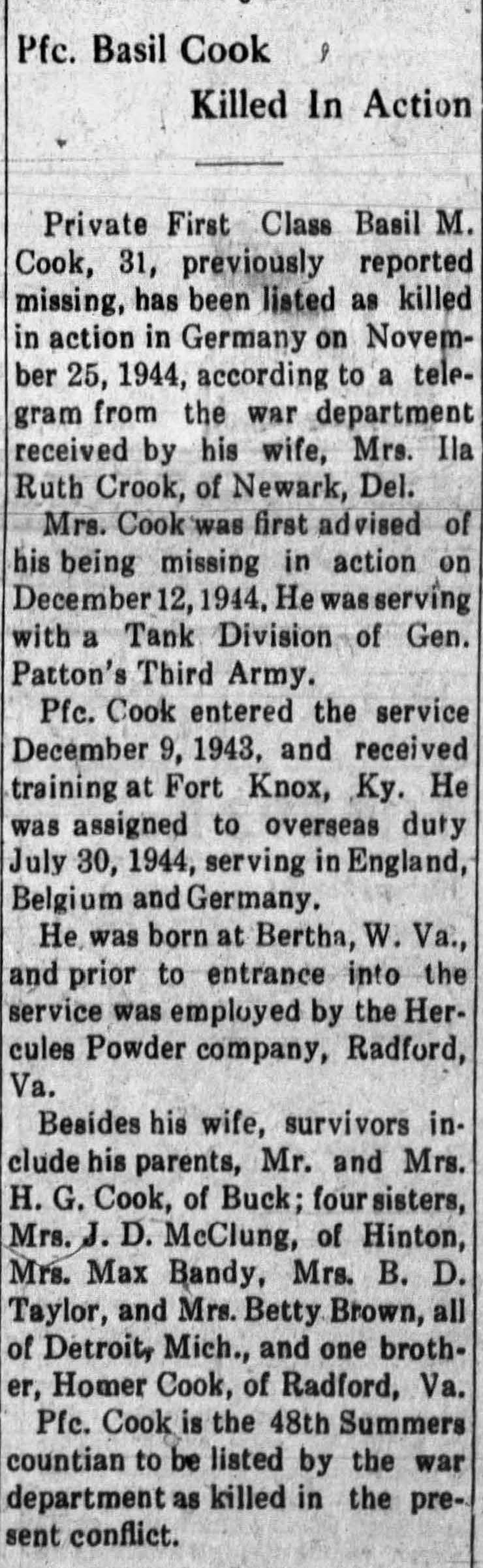 Soldier Accounted for from WWII (Cook, B.) > Defense POW/MIA Accounting ...
