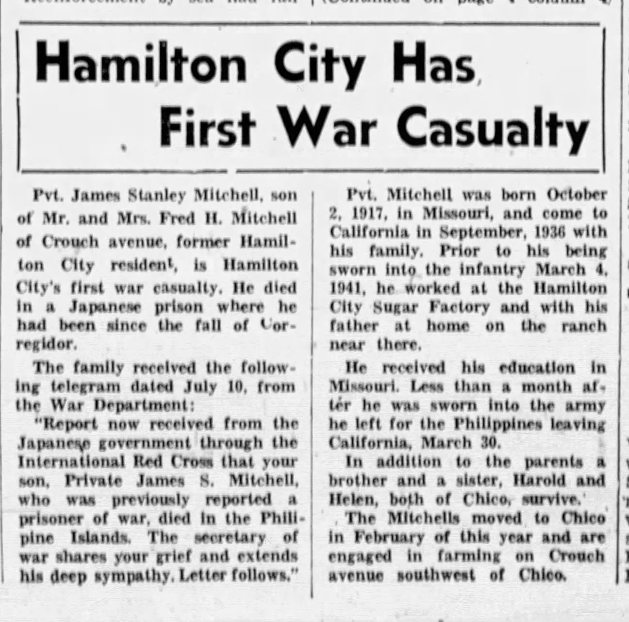 Soldier Accounted for from WWII (Mitchell, J.) > Defense POW/MIA ...
