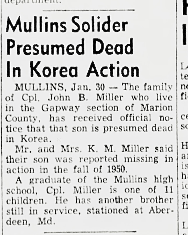 Soldier Accounted for from Korean War (Miller, J.) > Defense POW/MIA ...