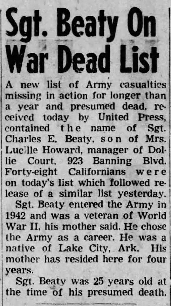 Soldier Accounted for from Korean War (Beaty, C.) > Defense POW/MIA ...