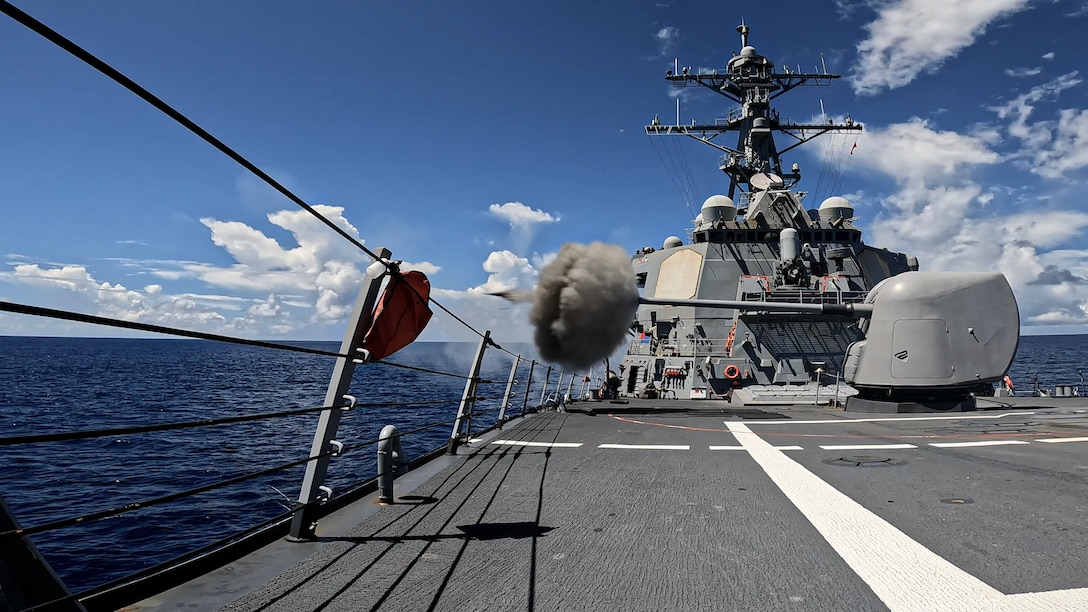 USS Milius (DDG 69) Fires Mark 45 5-Inch Gun During Live-Fire Exercise ...