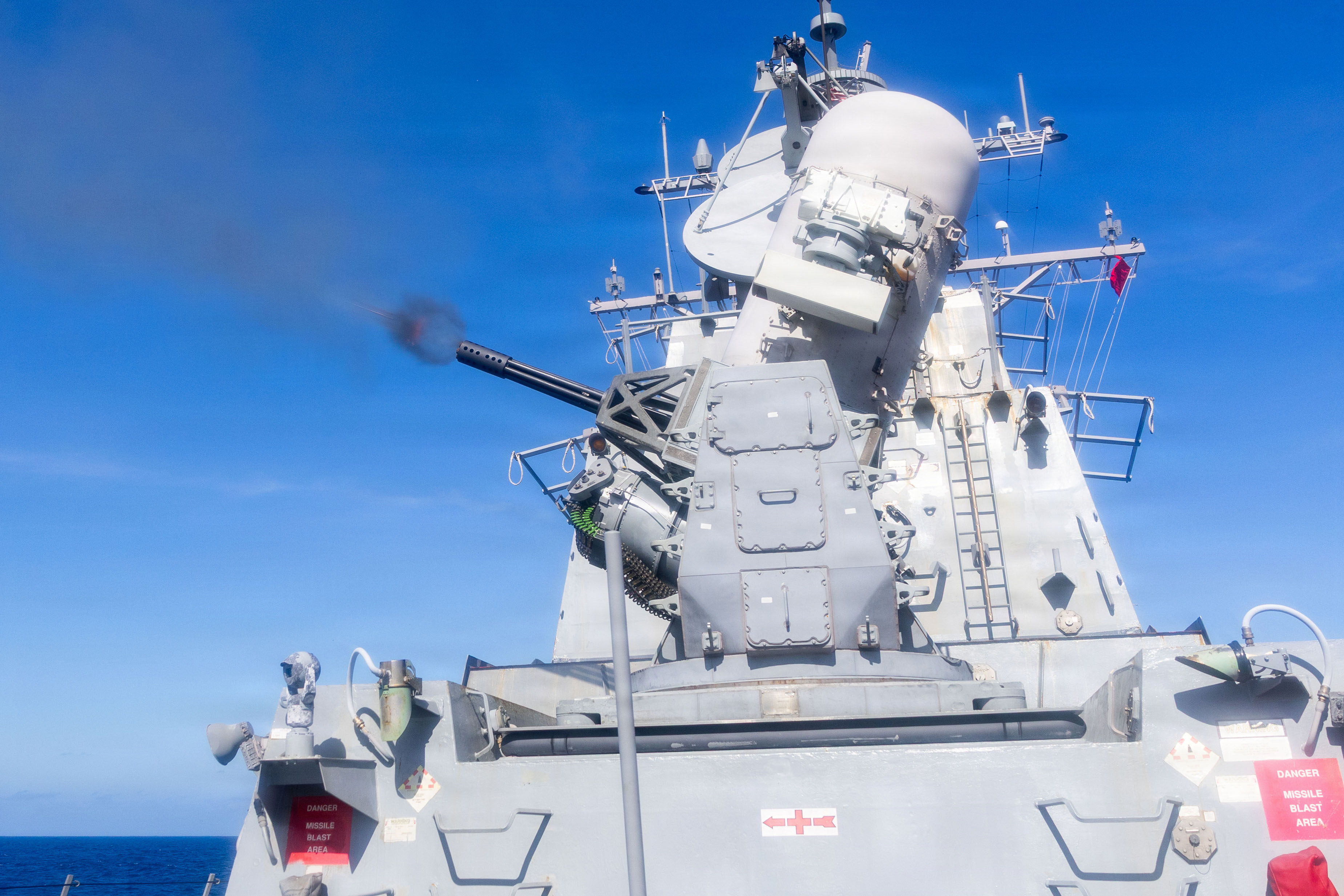 USS Rafael Peralta fires its CIWS in South China Sea