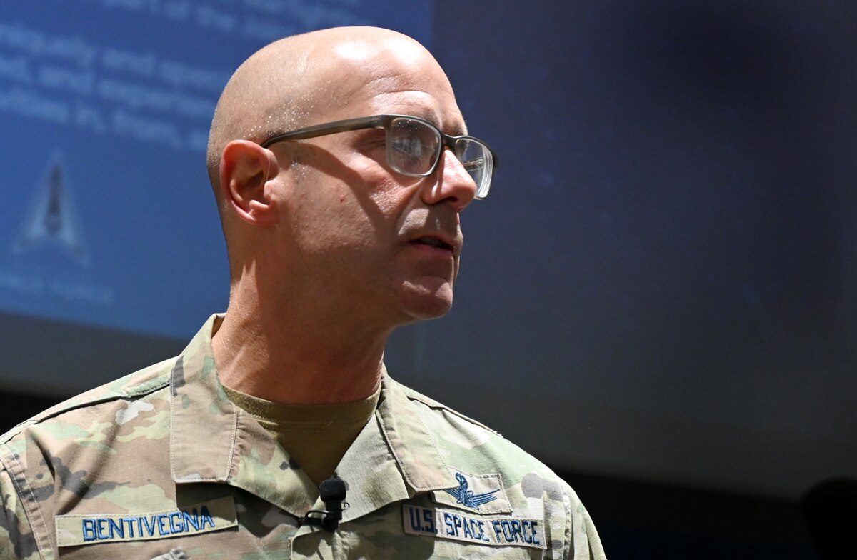 Chief Master Sgt. of the Space Force John F. Bentivegna talks with Senior Enlisted Guardians ...