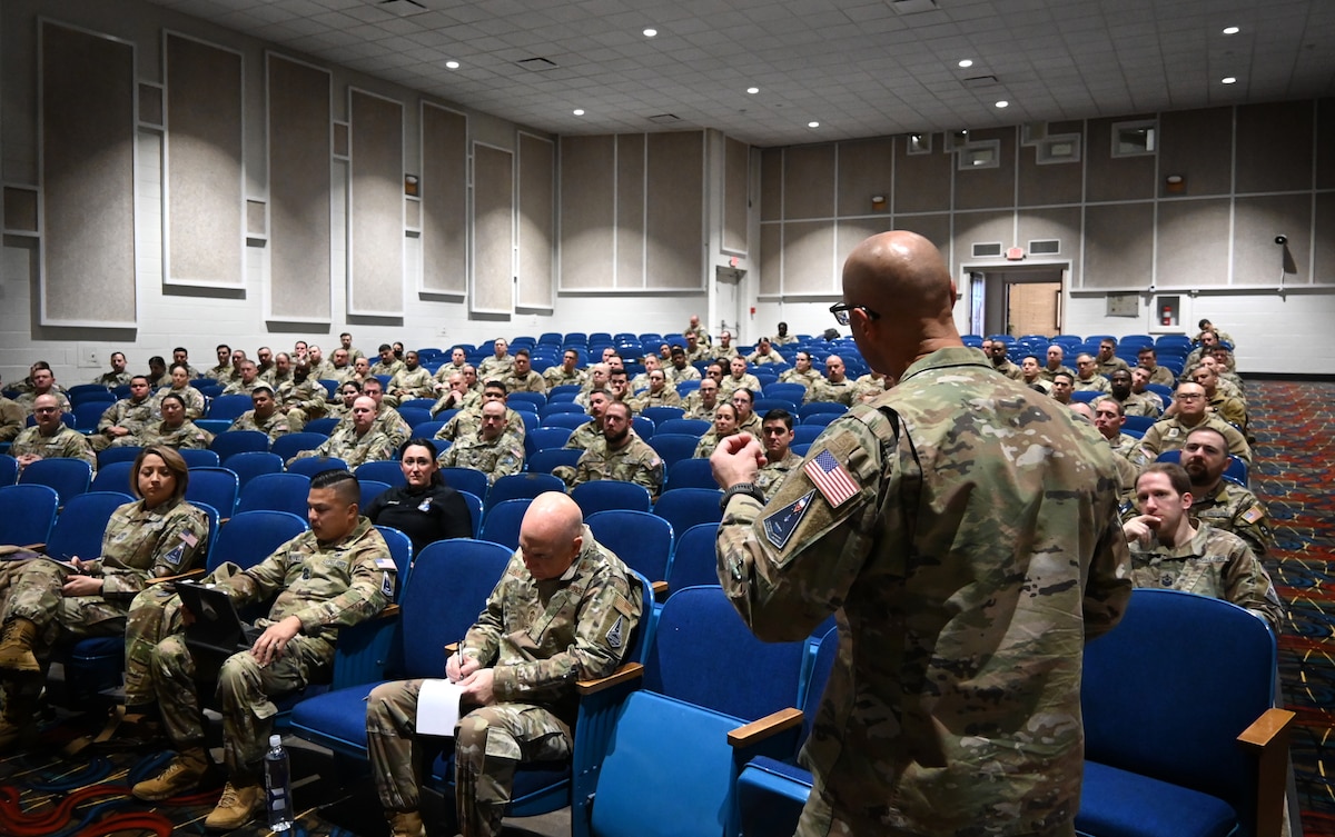 Chief Master Sgt. of the Space Force John F. Bentivegna talks with Senior Enlisted Guardians ...