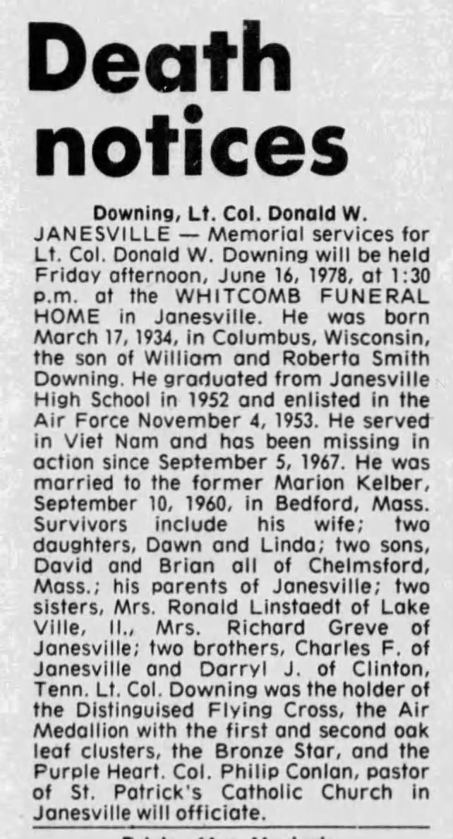 Pilot Accounted For From Vietnam (Downing, D) > Defense POW/MIA ...