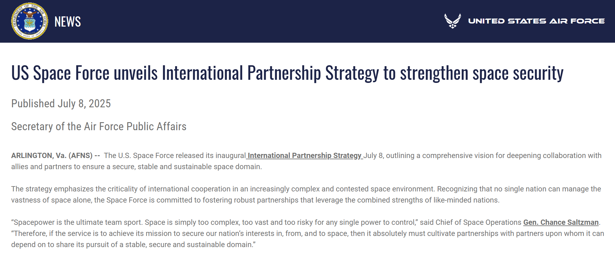 US Space Force unveils International Partnership Strategy to strengthen ...