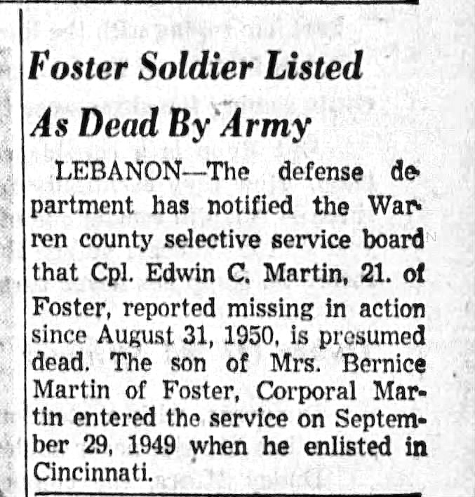 Soldier Accounted For From Korean War (Martin, E.) > Defense POW/MIA ...