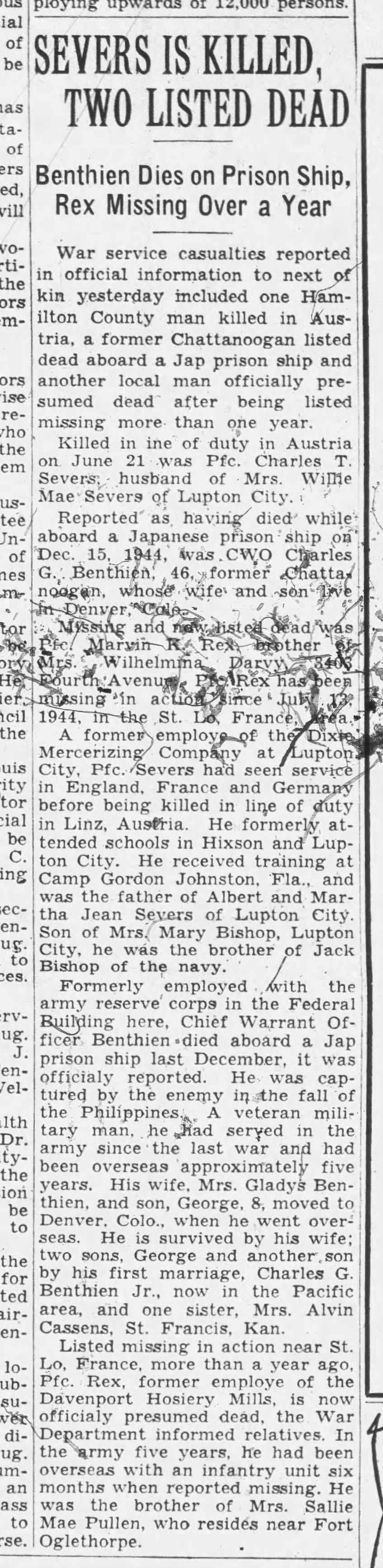 Soldier Accounted For From WWII (Benthien, C.) > Defense POW/MIA ...