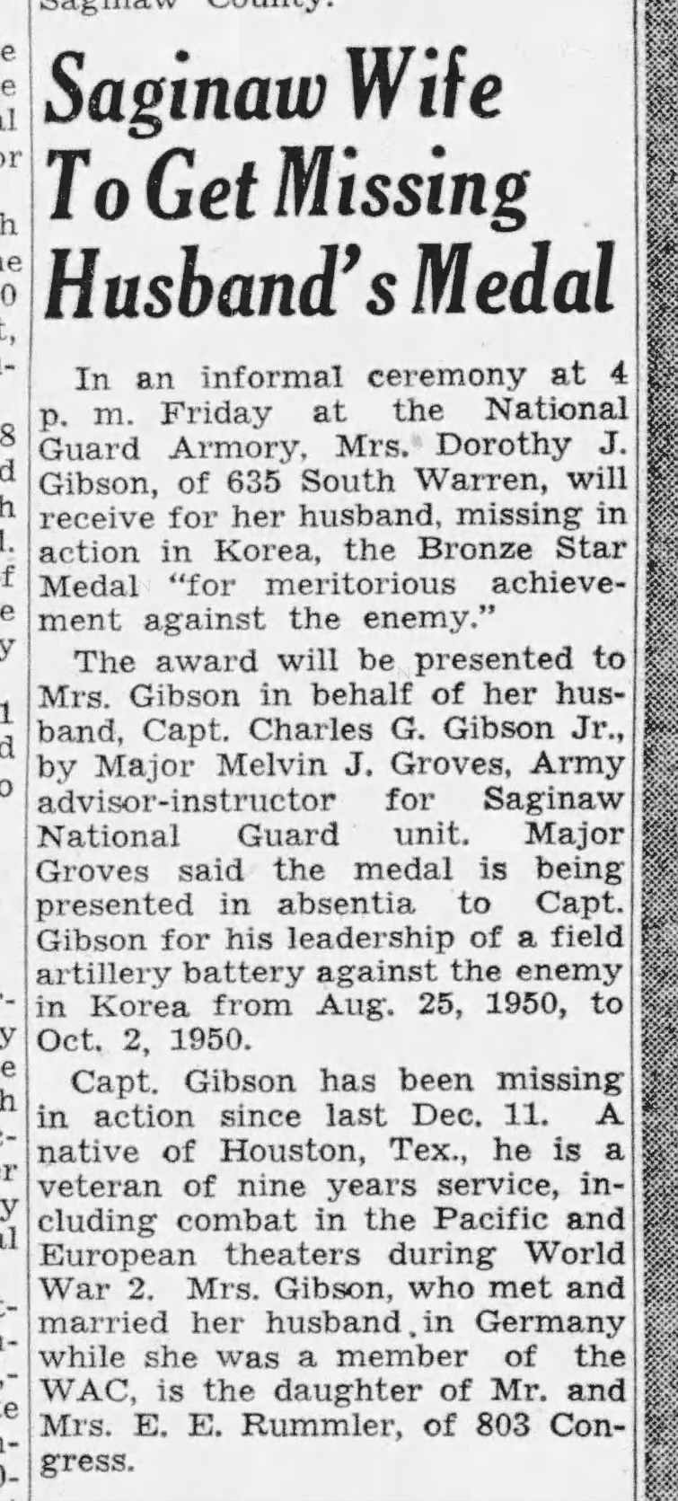 Soldier Accounted For From Korean War (Gibson, C.) > Defense POW/MIA ...