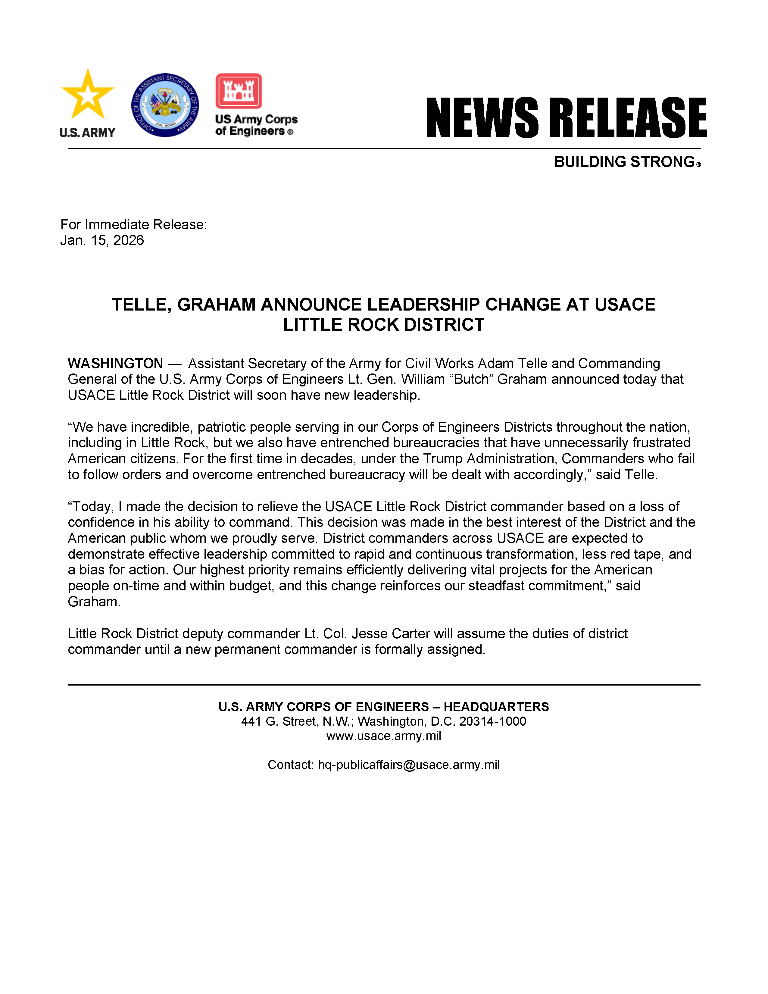 TELLE, GRAHAM ANNOUNCE LEADERSHIP CHANGE AT USACE LITTLE ROCK DISTRICT ...
