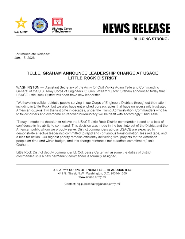 TELLE, GRAHAM ANNOUNCE LEADERSHIP CHANGE AT USACE LITTLE ROCK DISTRICT ...